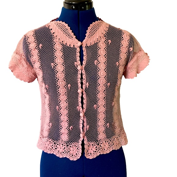 Vintage | Tops | Vtg Cottagecore Pink Crocheted Cropped Cardigan | Poshmark